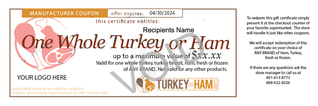 Turkey or Ham Gift Certificates - Redeem Anywhere
