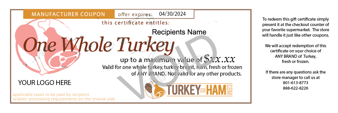 Turkey or Ham Gift Certificates - Redeem Anywhere